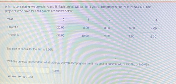 Solved A firm is considering two projects, A and B. Each | Chegg.com