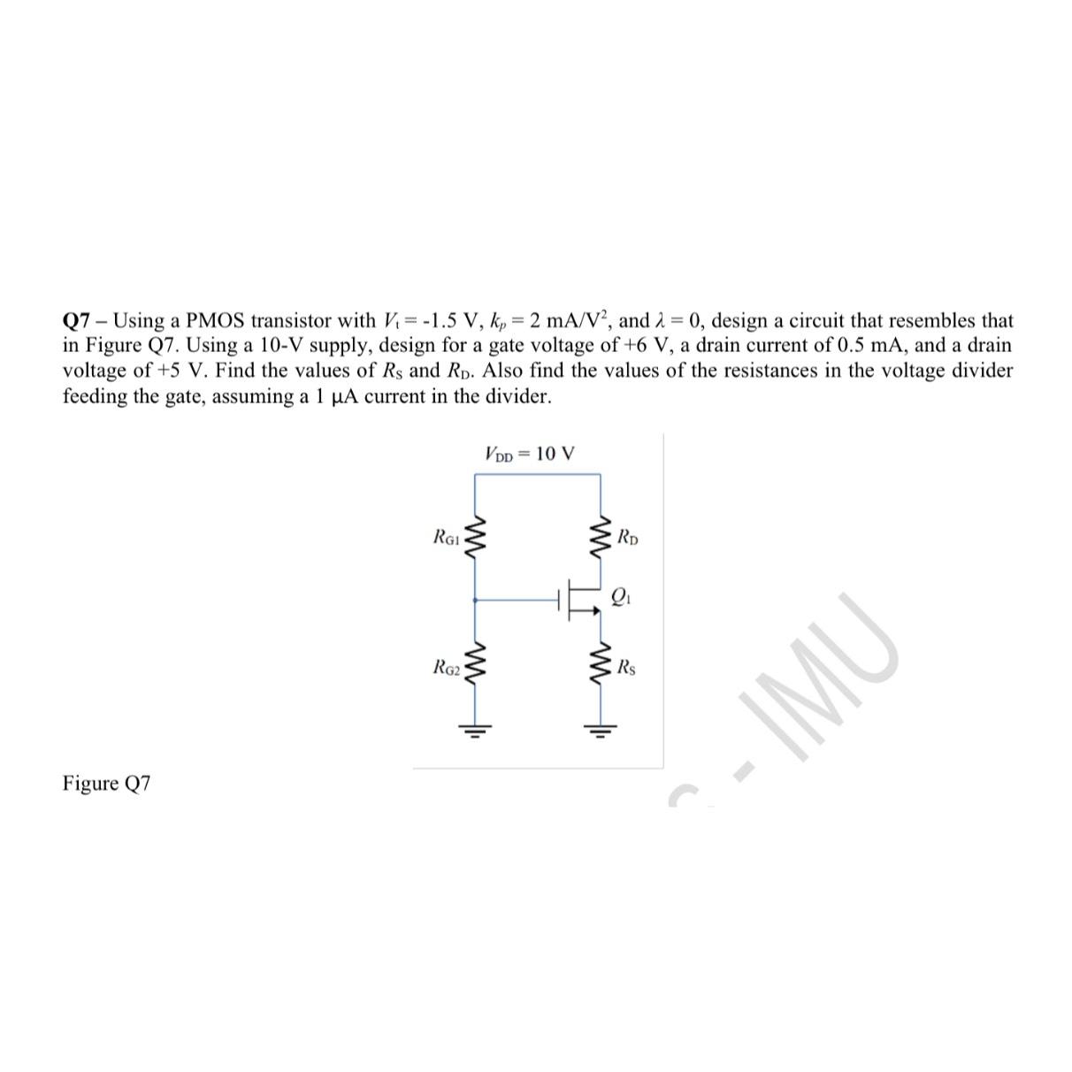 Solved Q7 - ﻿Using a PMOS transistor with Vt=-1.5V,kp=2mAV2, | Chegg.com