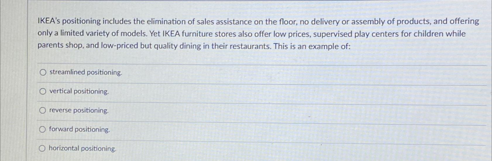 Solved IKEA's positioning includes the elimination of sales | Chegg.com