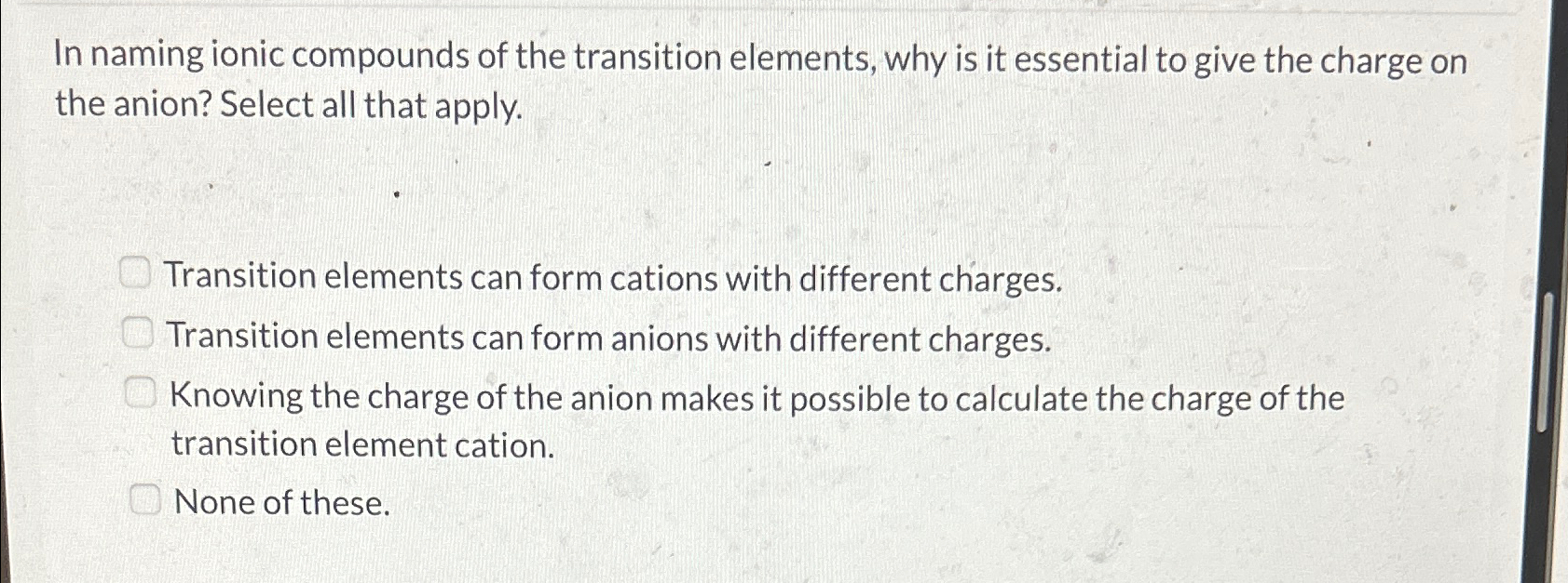 Solved In naming ionic compounds of the transition elements, | Chegg.com