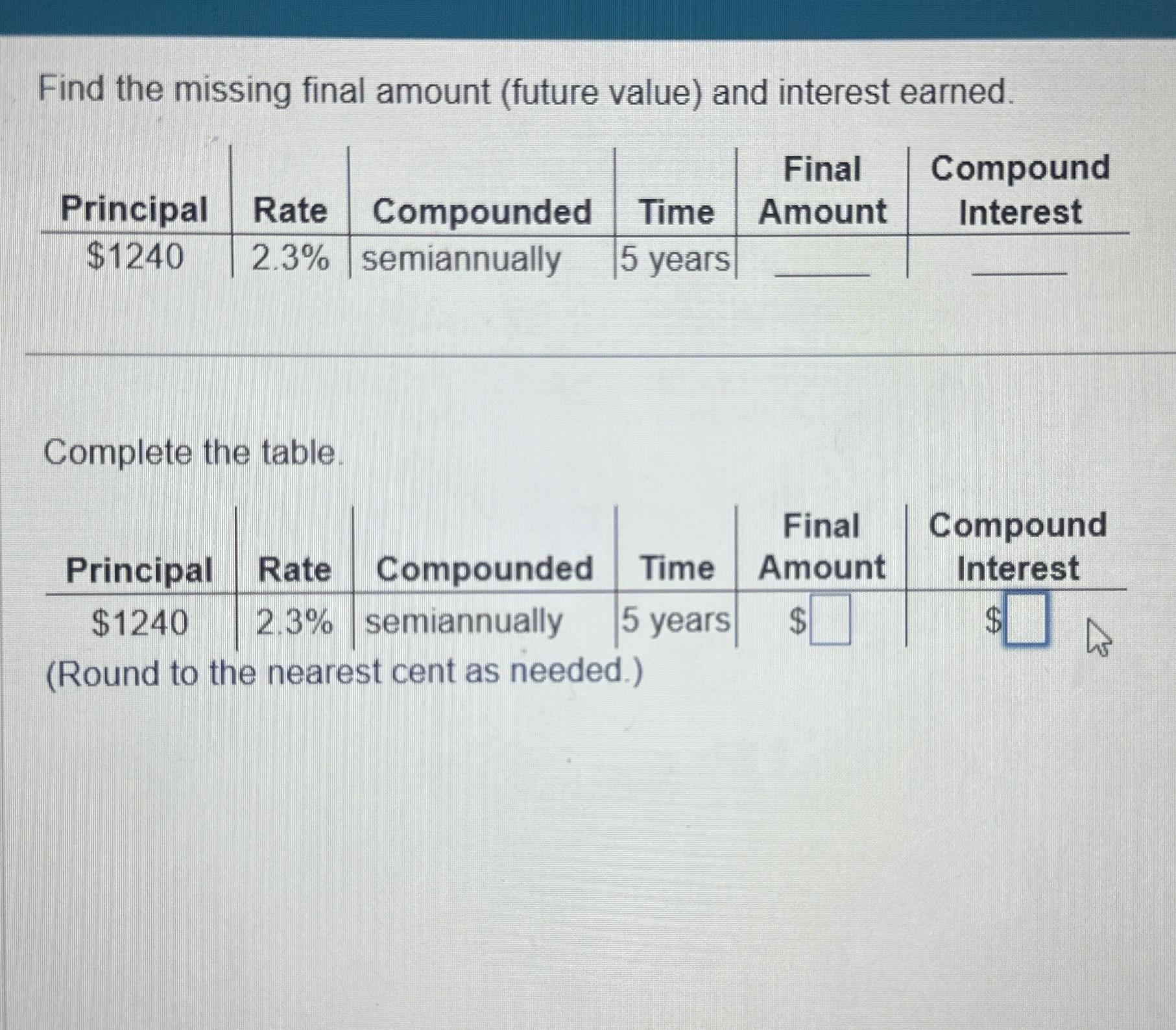 Solved Find the missing final amount (future value) ﻿and | Chegg.com