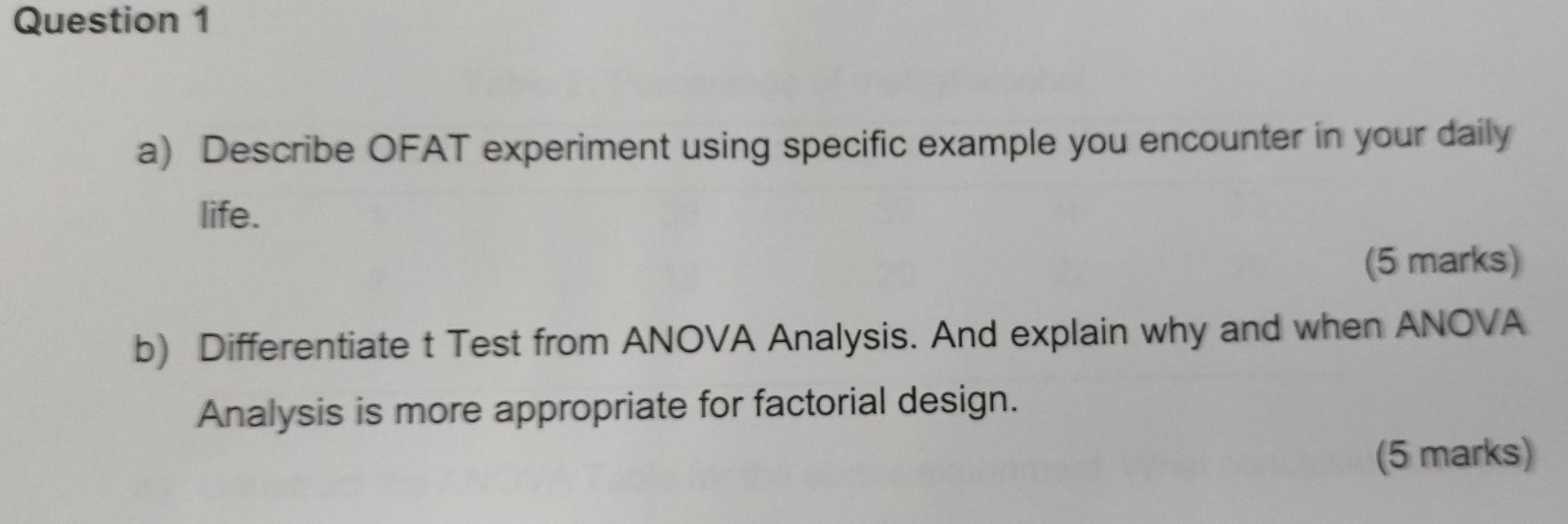 Solved Question 1 a) Describe OFAT experiment using specific | Chegg.com