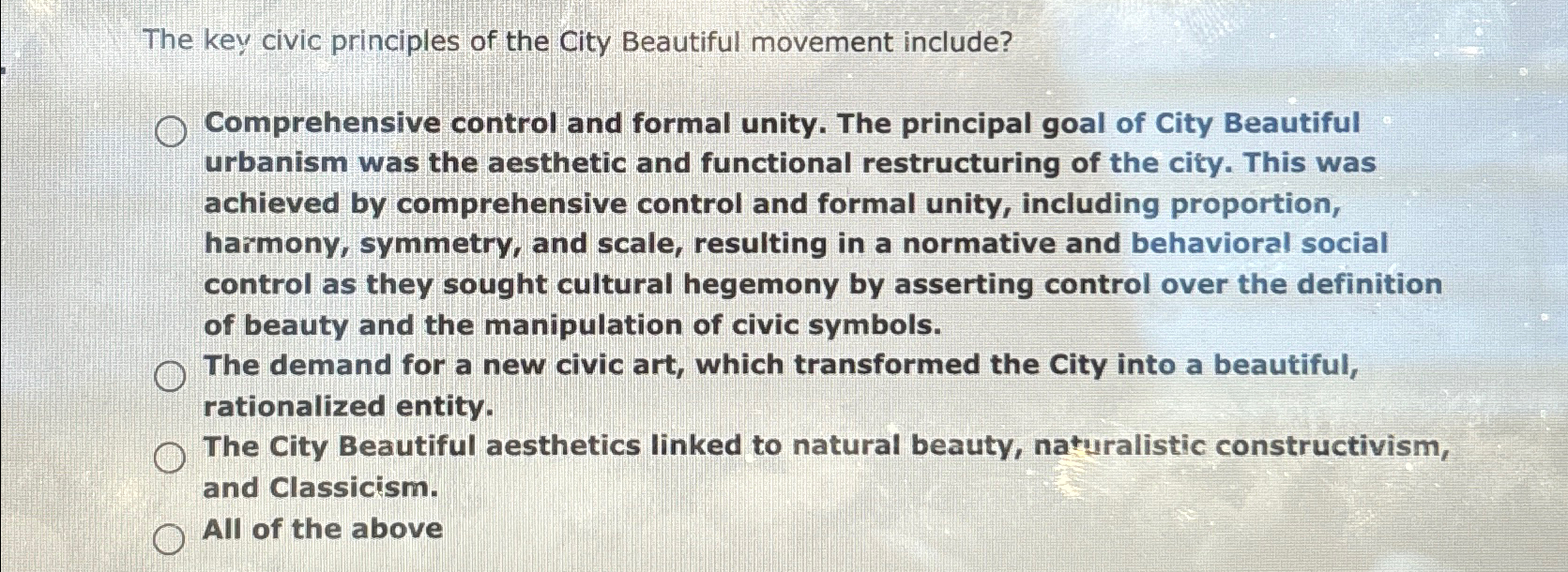 Solved The key civic principles of the City Beautiful | Chegg.com