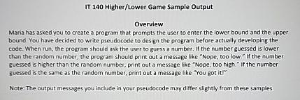 Solved IT 140 ﻿Higher/Lower Game Sample OutputOverviewMaria | Chegg.com