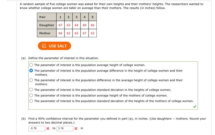 Solved A random sample of five college women was asked for | Chegg.com