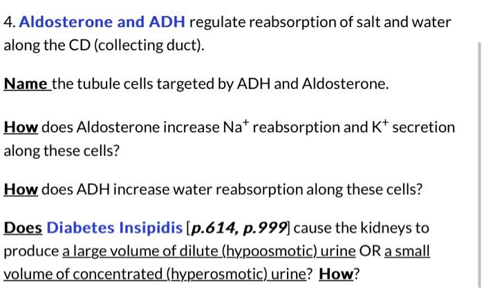 Solved 4. Aldosterone and ADH regulate reabsorption of salt | Chegg.com