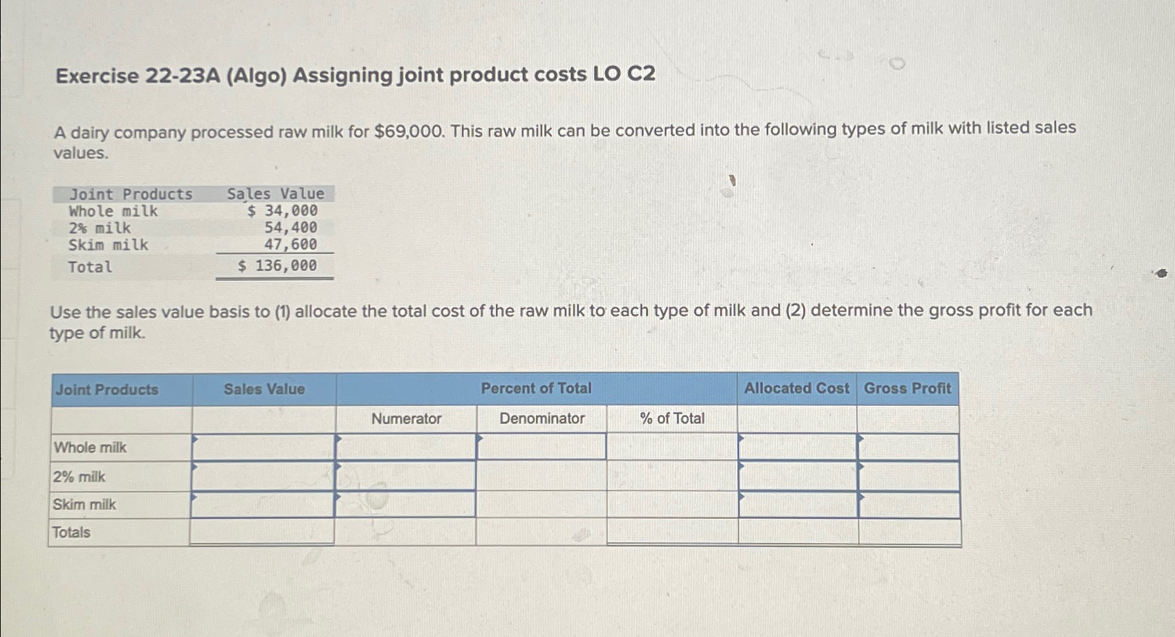 Solved Exercise 22-23A (Algo) ﻿Assigning joint product costs | Chegg.com
