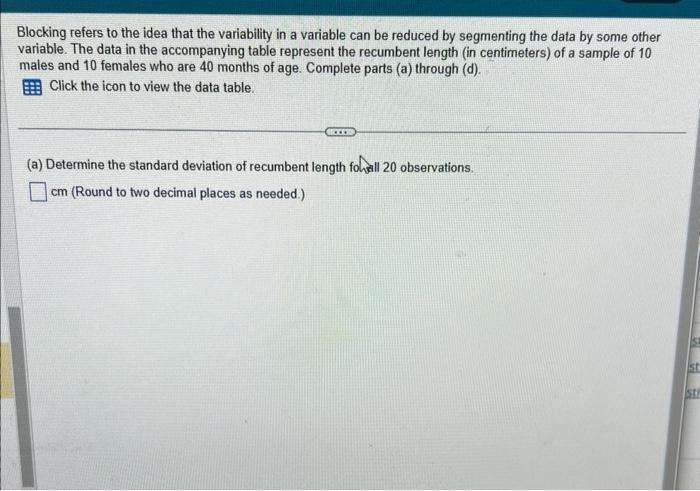 Solved a) standard deviation recumbent length for all 20 | Chegg.com