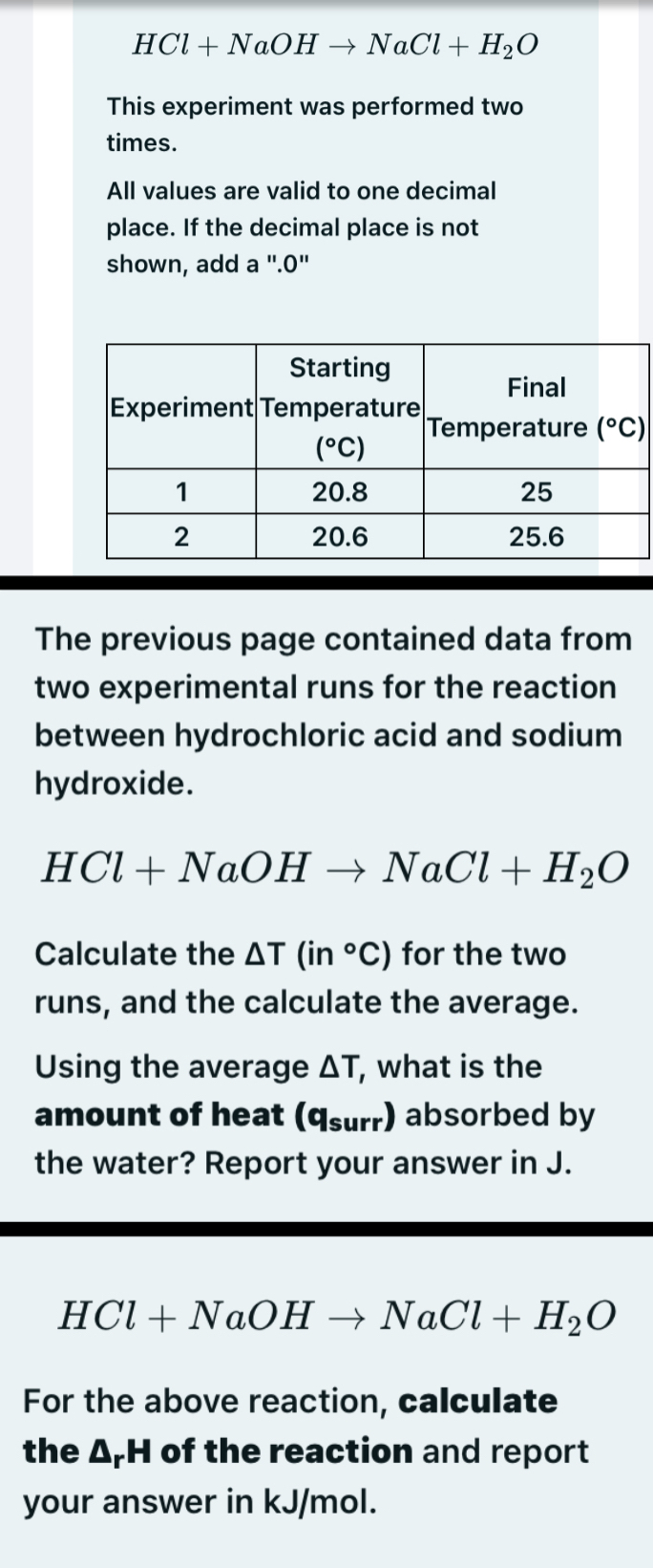 Solved HCl+NaOH→NaCl+H2OThis experiment was performed two | Chegg.com
