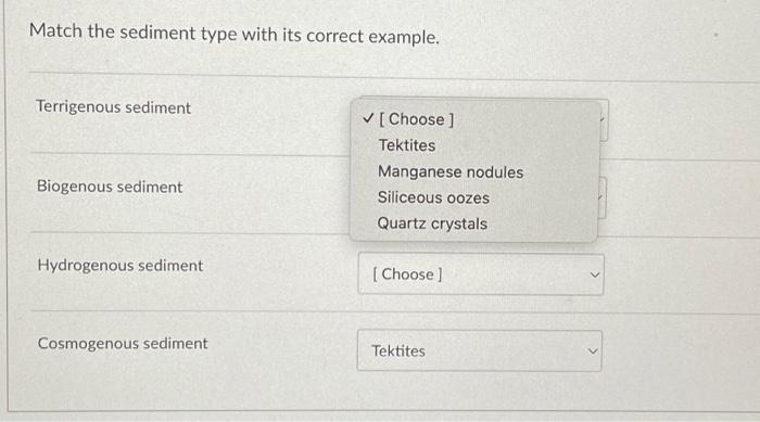 Solved Match the sediment type with its correct example. | Chegg.com