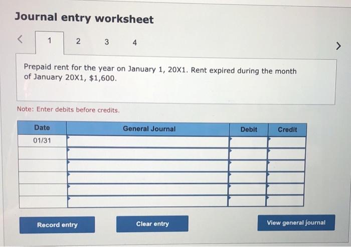 Solved Journal entry worksheet 1 2 3 4 Prepaid rent for the | Chegg.com