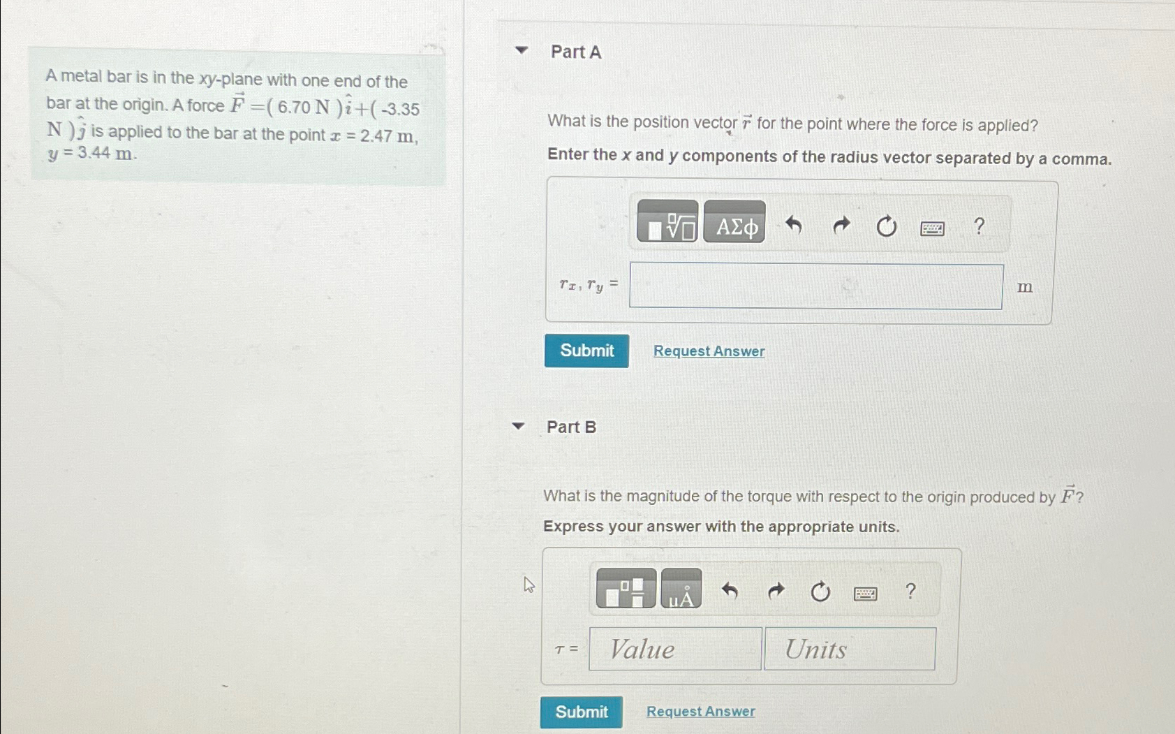 Solved Part AA metal bar is in the xy-plane with one end of | Chegg.com