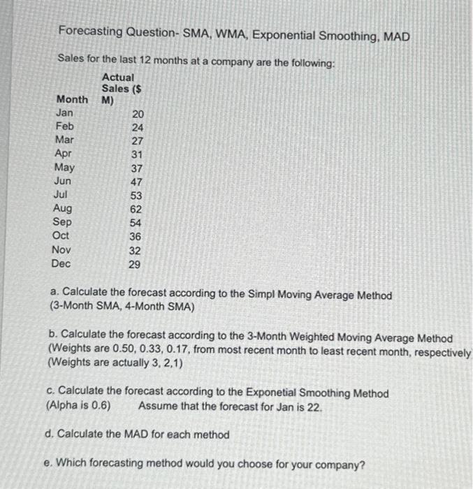 Solved Forecasting Question- SMA, WMA, Exponential | Chegg.com