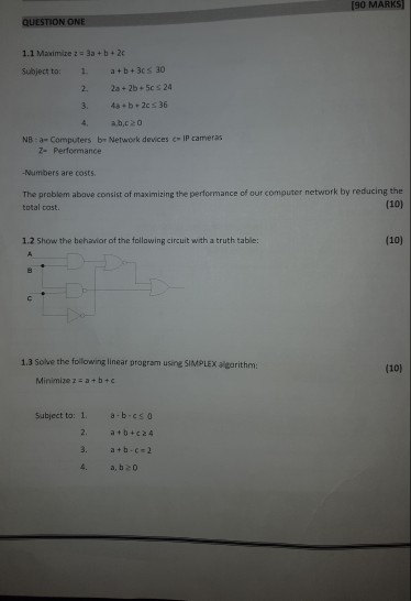 Solved 190 MARKS QUESTION ONE 1.1 Maximize z = 3a + b + 2c | Chegg.com
