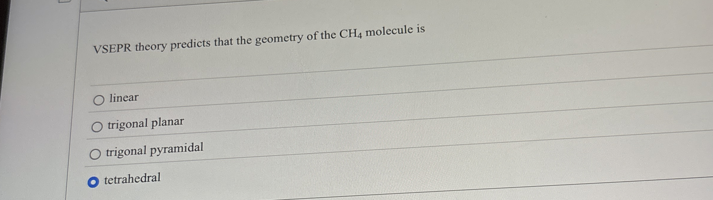 VSEPR theory predicts that the geometry of the CH4 | Chegg.com