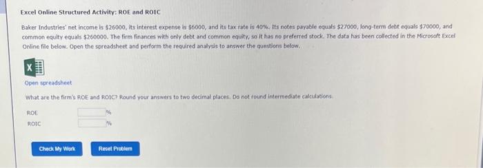 Solved Excel Online Structured Activity: ROE and RO1C Baker | Chegg.com