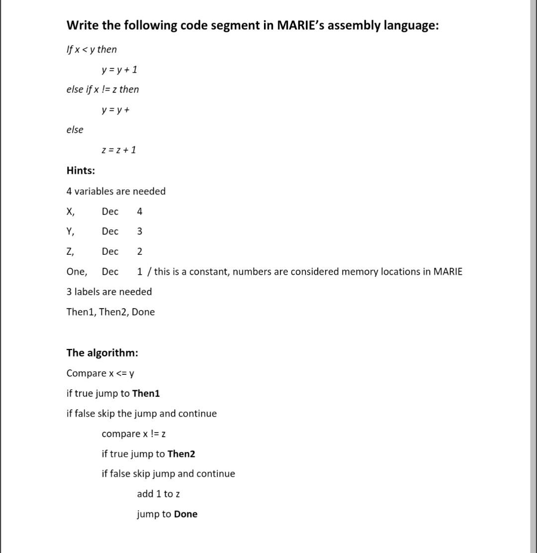Solved Write The Following Code Segment In Maries Assembly 7600