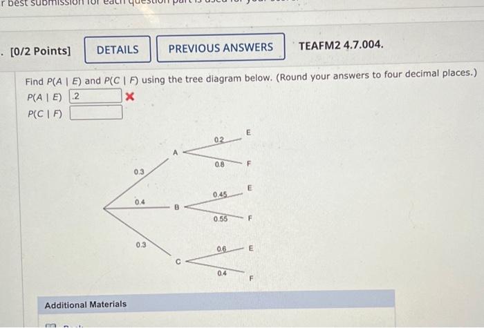 Solved Find P(A∣E) and P(C∣F) using the tree diagram below. | Chegg.com