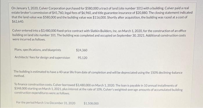 Solved On January 1, 2020, Culver Corporation purchased for | Chegg.com