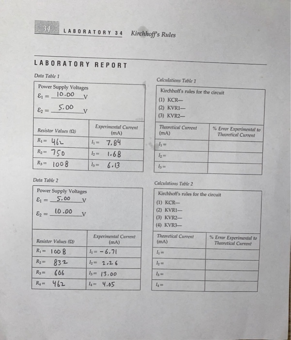 Solved 34 LABORATORY 34 Kirchhoff's Rules LABORATORY REPORT | Chegg.com