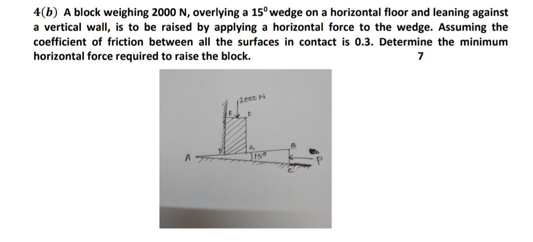Solved 4(b) A block weighing 2000 N, overlying a 15°wedge on | Chegg.com