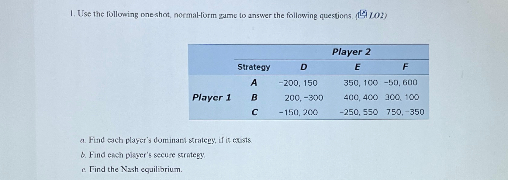 Solved Use the following one-shot, normal-form game to | Chegg.com
