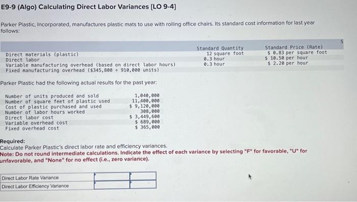 Solved E9-9 (Algo) Calculating Direct Labor Variances [LO | Chegg.com