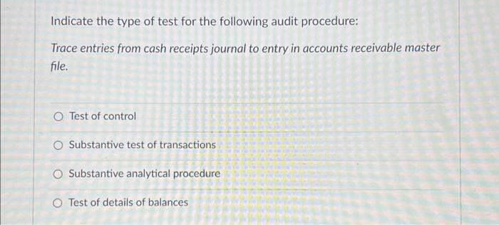 Solved Indicate the type of test for the following audit | Chegg.com