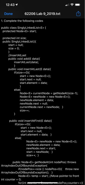 Solved 12:431 Done 62206 Lab 9_2019.txt 1. Complete the | Chegg.com