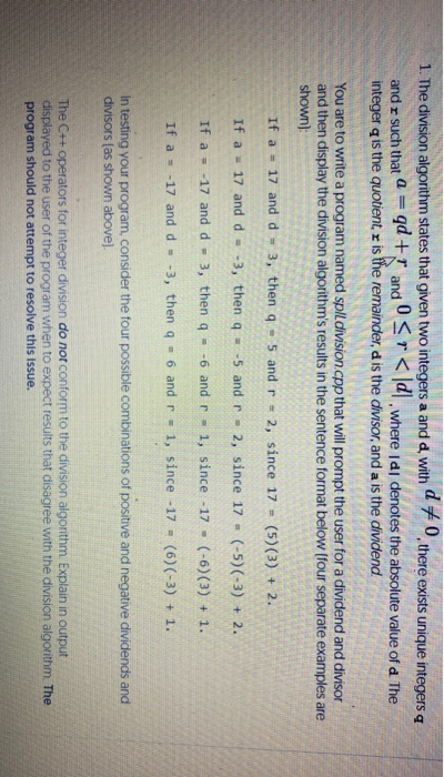 Solved 1. The division algorithm states that given two | Chegg.com