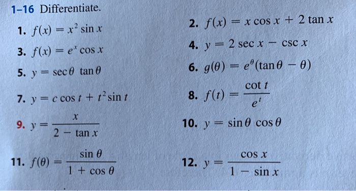 Solved 2. f(x) = x cos x + 2 tan x 1-16 Differentiate. 1. | Chegg.com
