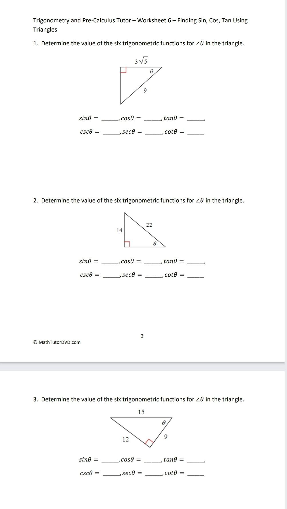 Solved Trigonometry and Pre-Calculus Tutor - Worksheet 6 - | Chegg.com