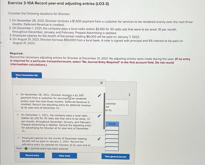 Solved Exercise 3-10A Record year-end adjusting entries | Chegg.com