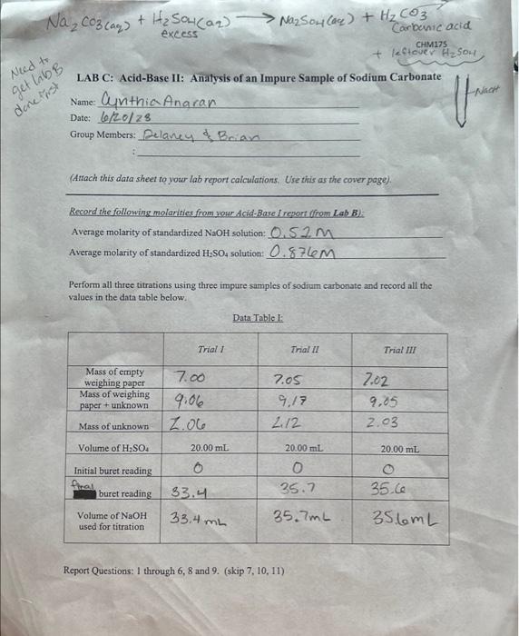 Solved LAB C: Acid-Base II: Analysis of an Impure Sample of | Chegg.com
