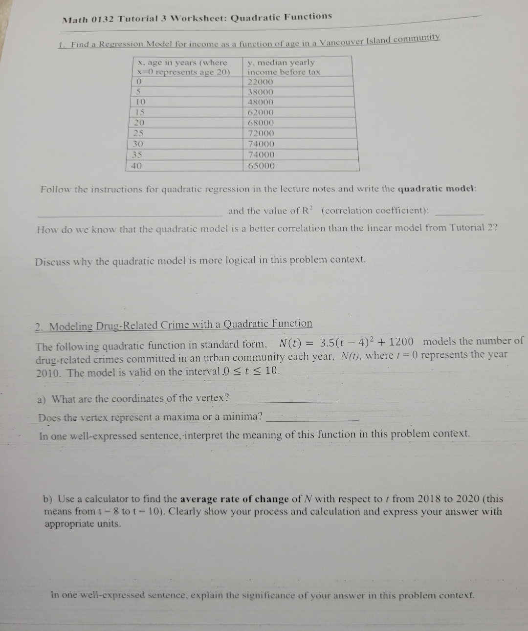 Solved Math 0132 ﻿Tutorial 3 ﻿Worksheet: Quadratic | Chegg.com