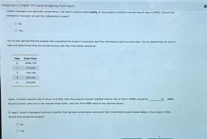 Solved Assignment: Chapter 09 Capital Budgeting Techniques. | Chegg.com