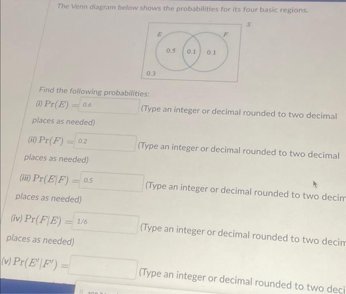 Solved The Venn diagram below shows the probabilities for | Chegg.com