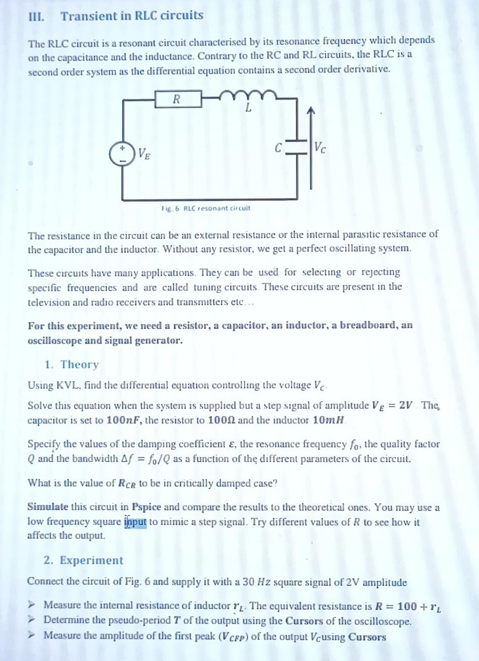 Solved The RLC circuit is a resonant circuit characterised | Chegg.com