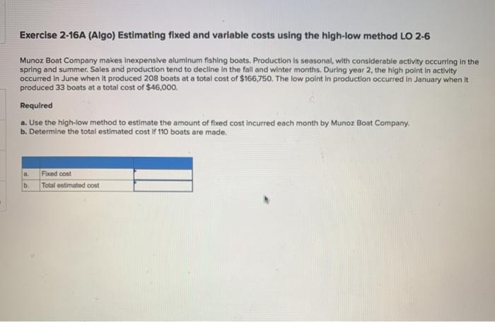 Solved Exercise 2-16A (Algo) Estimating fixed and variable | Chegg.com