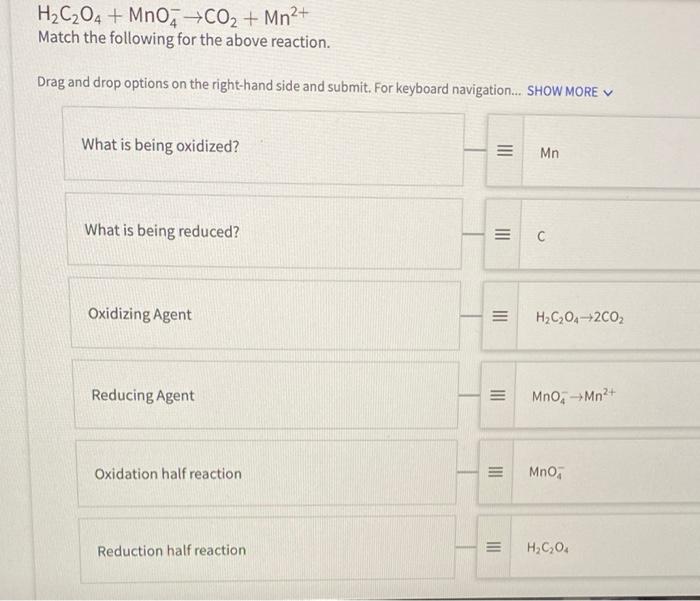 Solved H2C2O4 + Mno: +CO2 + Mn2+ Match the following for the | Chegg.com