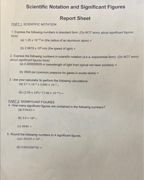Solved Scientific Notation and Significant Figures Report | Chegg.com