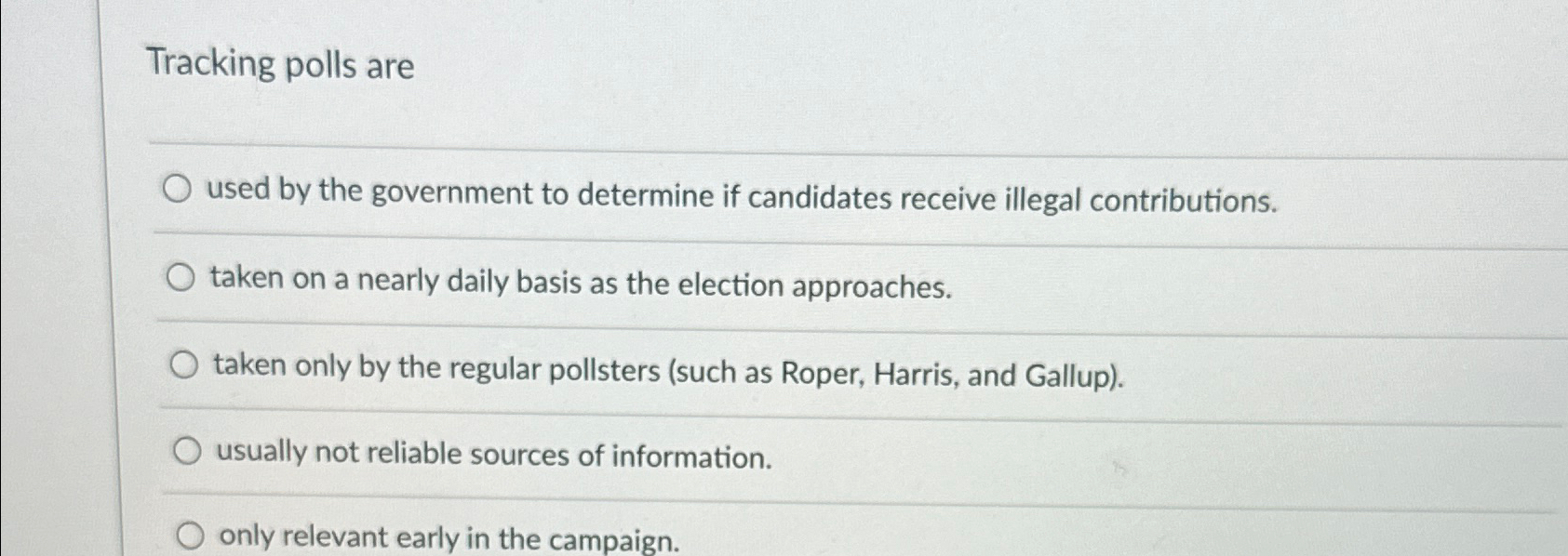 Solved Tracking polls areused by the government to determine | Chegg.com
