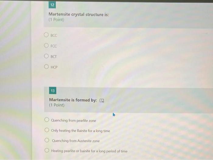 Solved 12 Martensite crystal structure is: (1 Point) О ВСС O | Chegg.com