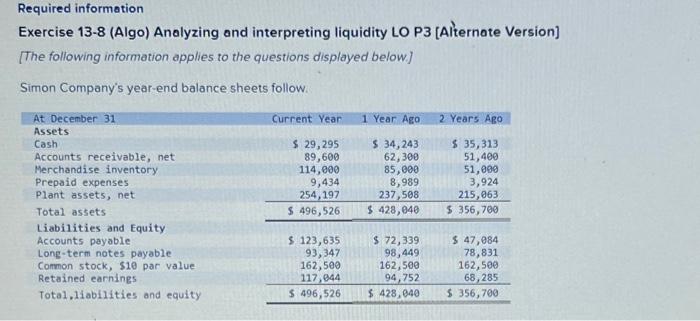 Solved Required information Exercise 13-8 (Algo) Anolyzing | Chegg.com
