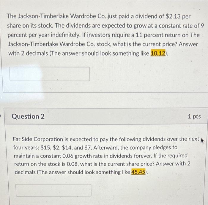 Solved The Jackson-Timberlake Wardrobe Co. just paid a | Chegg.com