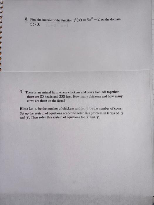 Solved 8. Find the inverse of the function f(x)=3x2−2 on the | Chegg.com