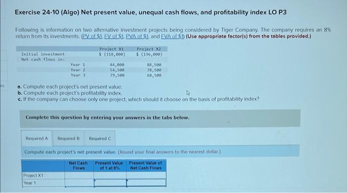 Solved Exercise 24−10 (Algo) Net present value, unequal cash | Chegg.com