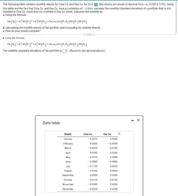 Solved The following table contains monthly returns for Cola | Chegg.com