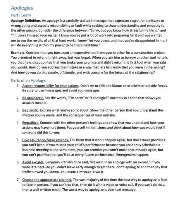 Apologies Part I Learn Apology Definition: An apology | Chegg.com