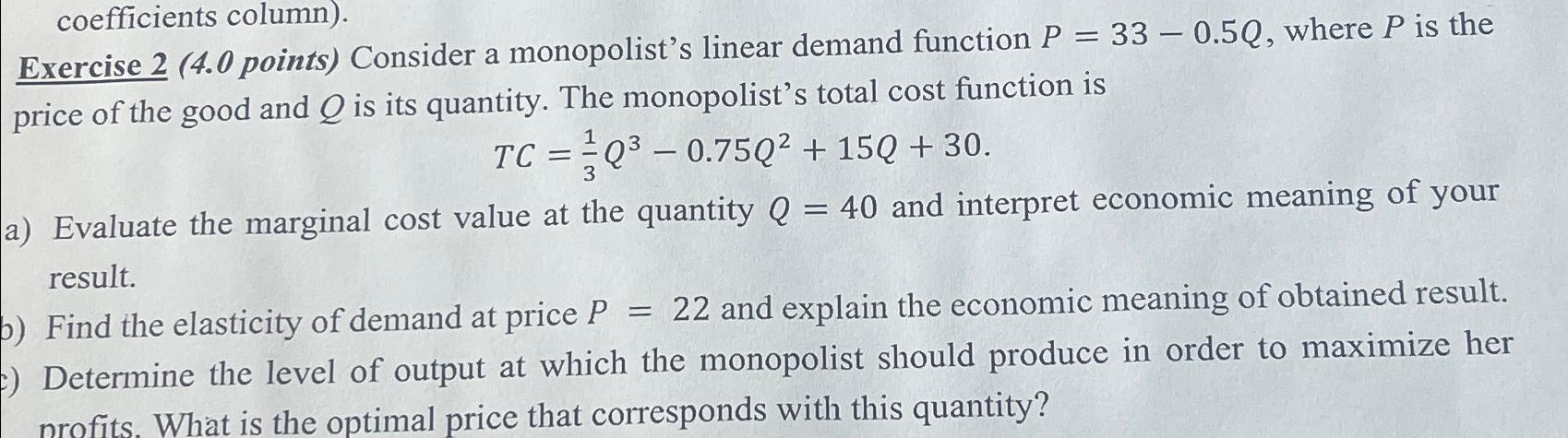 Solved coefficients column).Exercise points) ﻿Consider a | Chegg.com